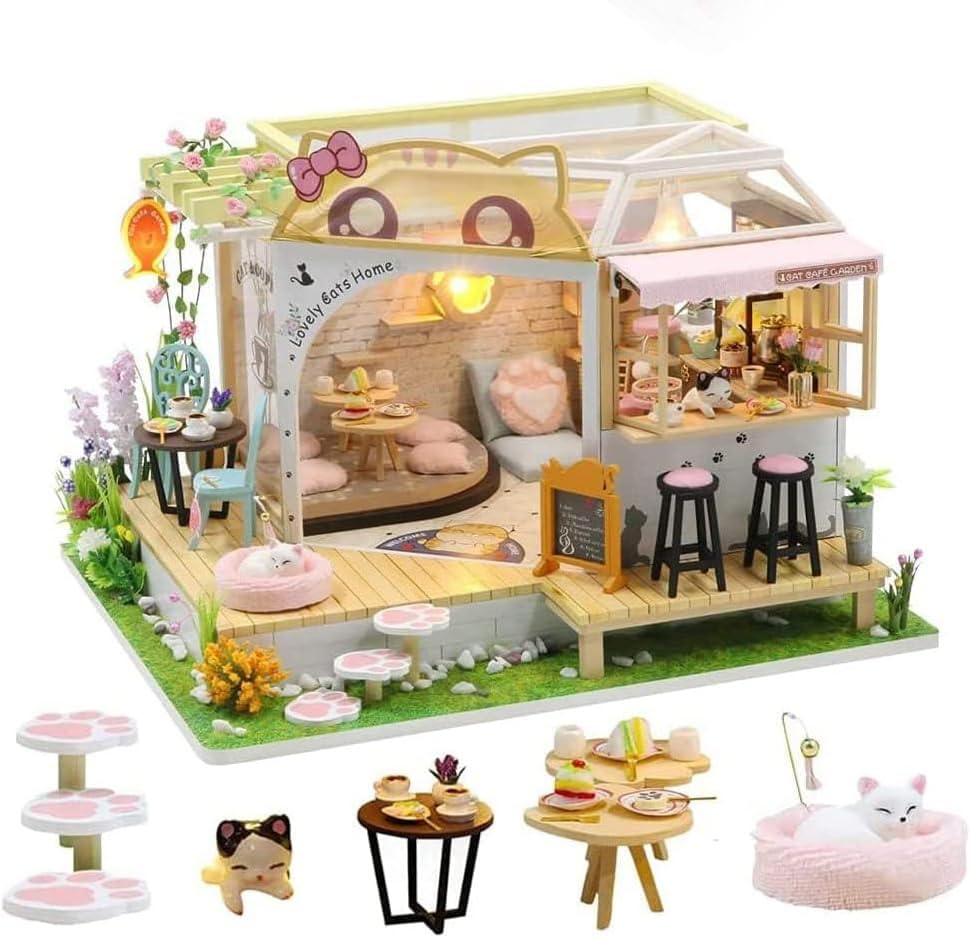 Amazon.com: hvmabeck DIY Cat Cafe Garden Dollhouse Miniature Kit with ...