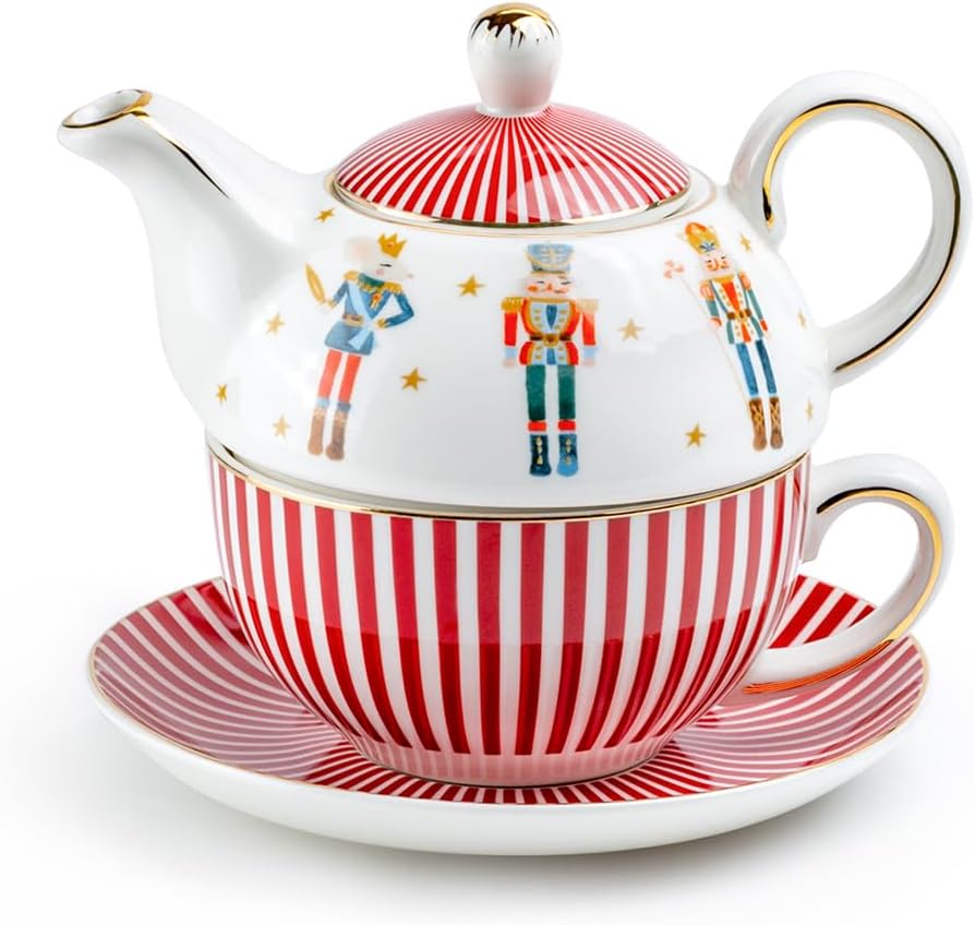 Amazon.com | Nutcracker Wonderland Red Stripes Fine Porcelain Tea For ...