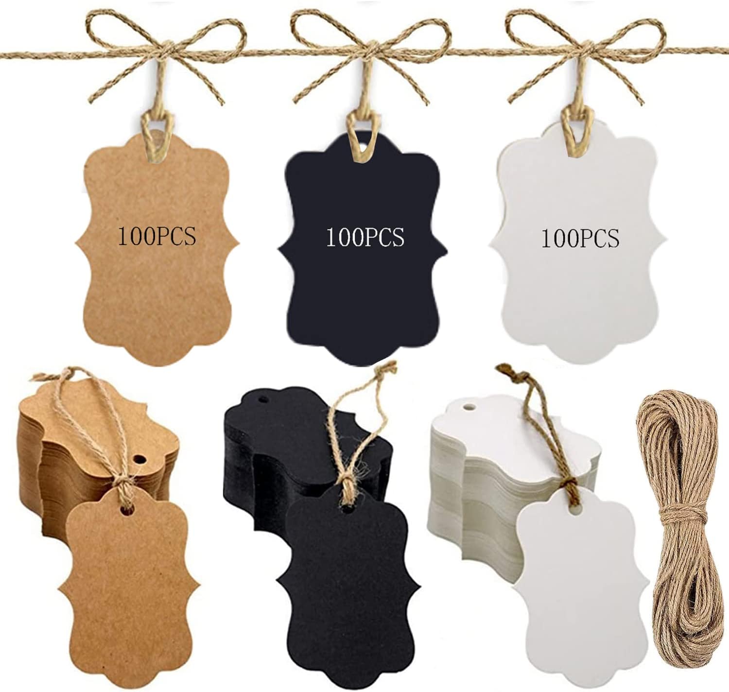 300 PCS kraft paper gift tags, three colors, natural jute thread, black ...