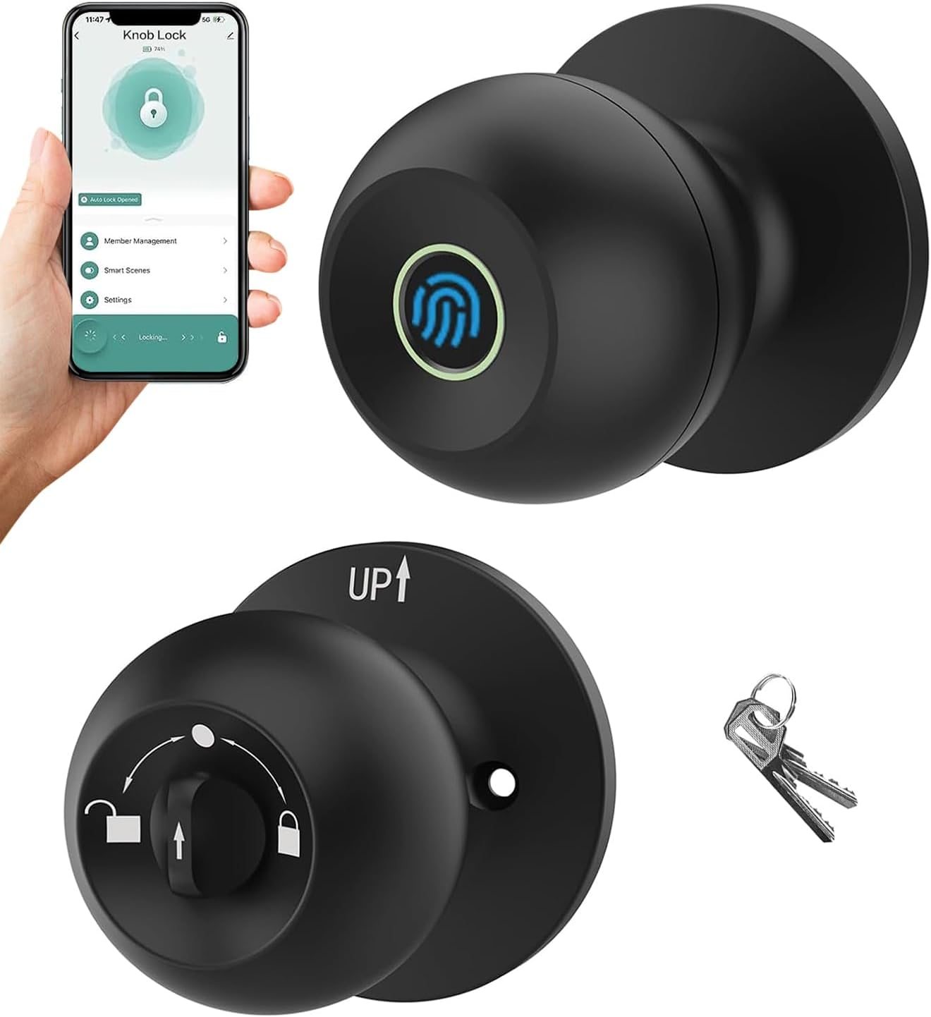Biometric Door Lock, Smart Fingerprint Door Knob with Lock, Fingerprint ...