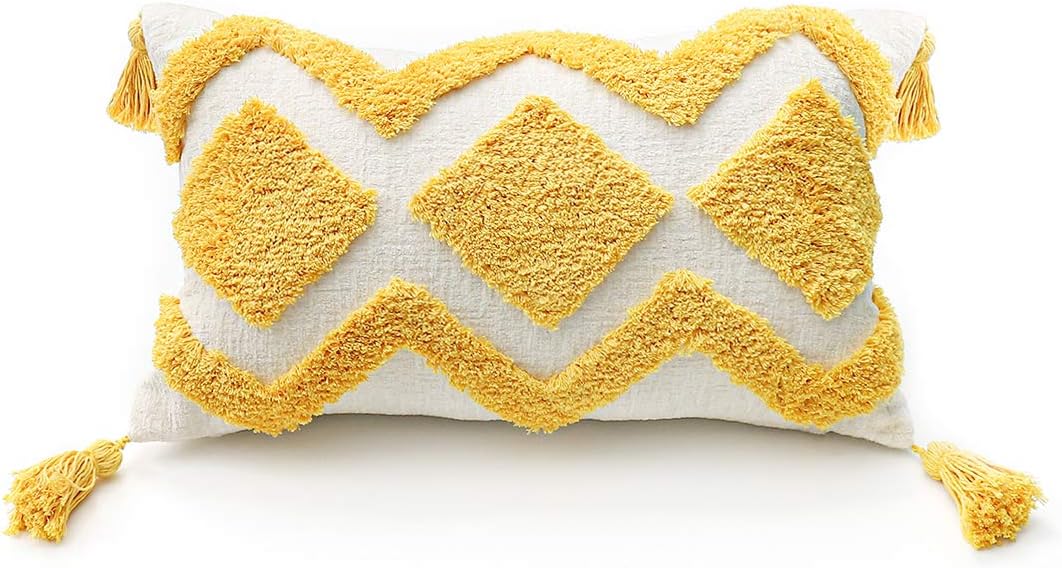 Amazon.com: Tassel Throws Pillow Yellow Cotton Fringed Boho Decorative ...