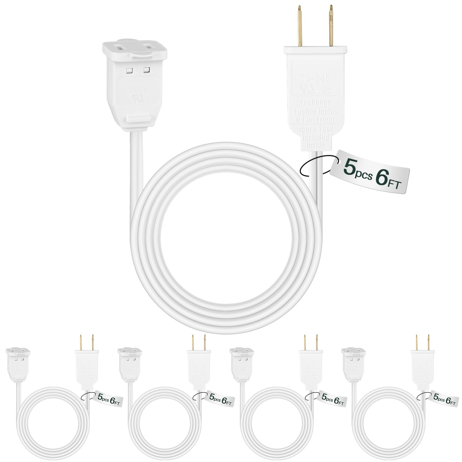 Tellegloww 5 Pcs Christmas Extension Cord 6 ft Two Prong Extension Cord ...