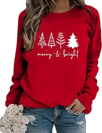 Christmas Sweatshirts For Women - Merry & Bright Long Sleeve Tops - Red ...