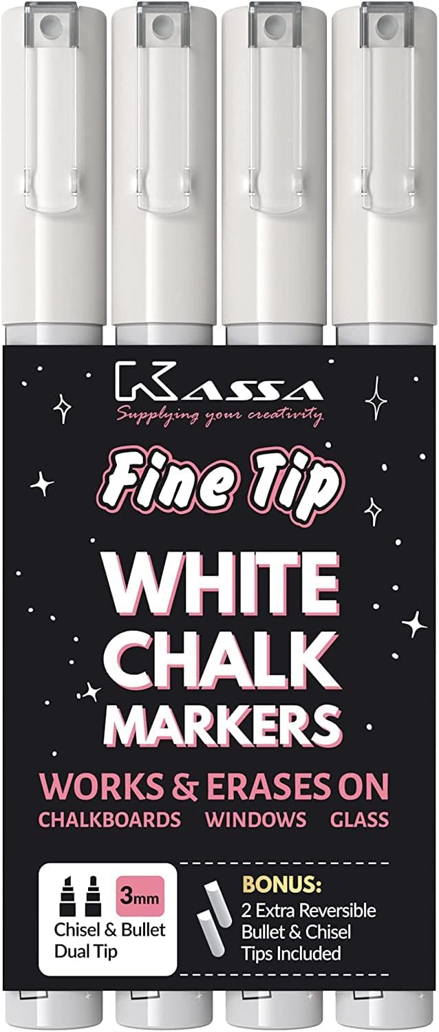 Kassa White Chalk Markers (4 Pack) Liquid Chalkboard Pens, Fine Tip ...