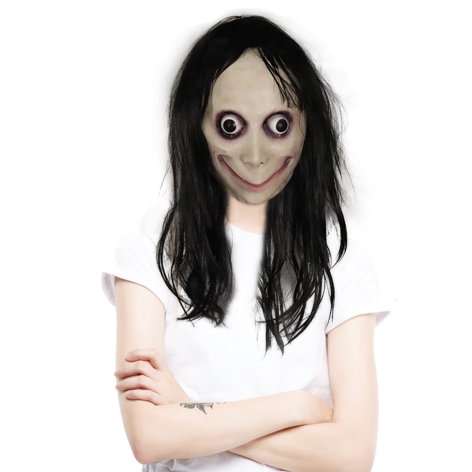 Buy Costumeparty Momo Hacking Game Latex Full Head with Hair y Horror ...