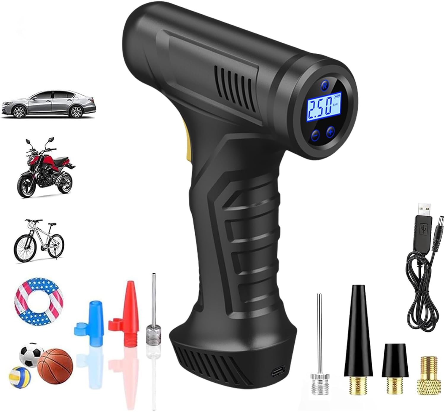 Cordless Car Tyre Inflator Air Compressor,12V USB Rechargeable Car Tyre ...