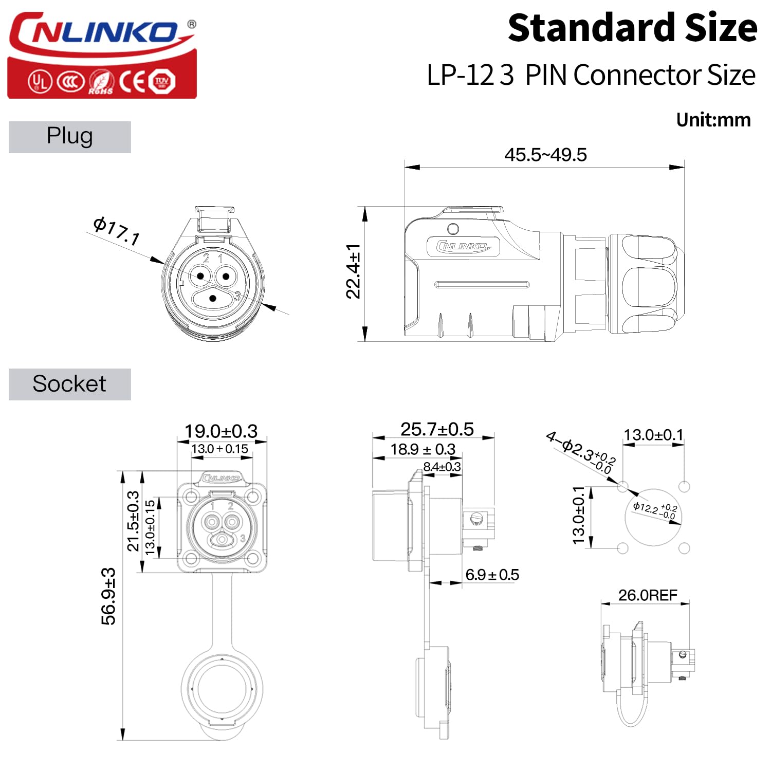 Snapklik.com : LP-12 3-Pin Waterproof Connector, Srew-in Design ...