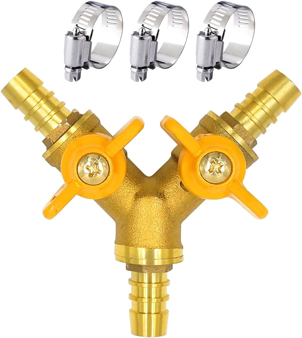 Horiznext brass 3/8 inch O.D. barb three way shut off ball valve for propane gas hose air water ...