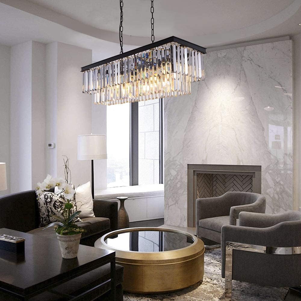 USOR Modern Crystal Chandelier 8 Lights Black Ceiling Light L86xW35cm ...