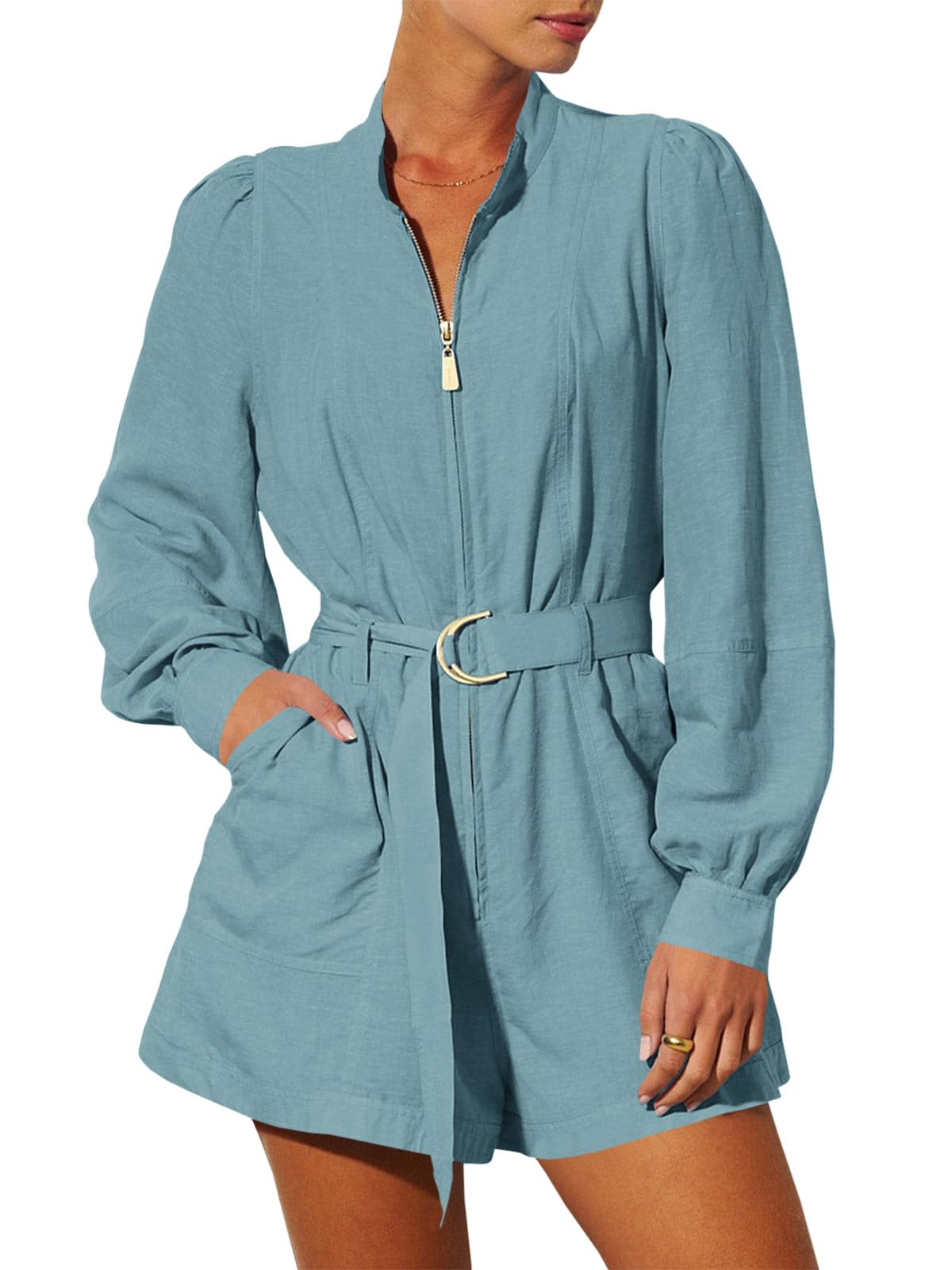 Cicy Bell Women's Long Sleeve Utility Rompers Zip Up Adjustable Belted ...