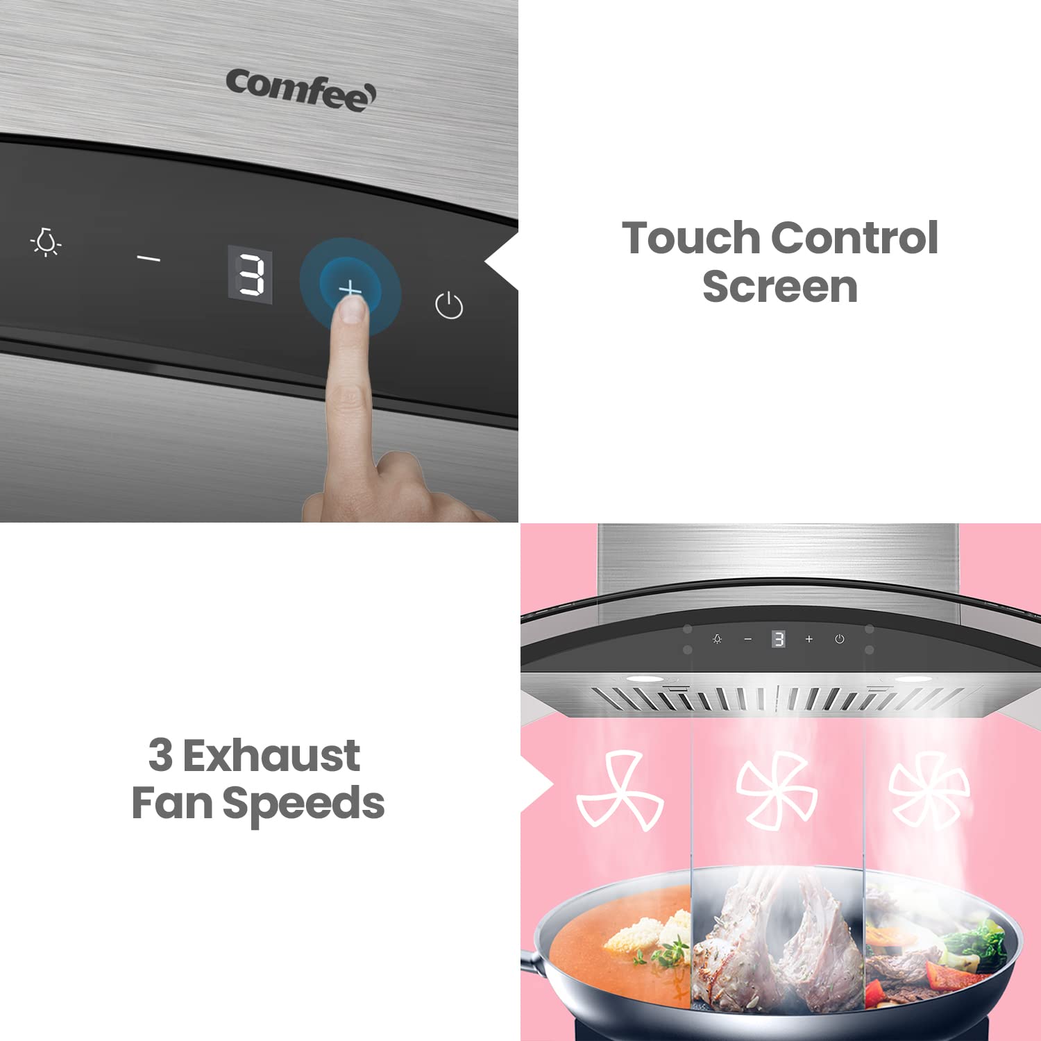 Comfee Curved Glass Range Hood 30 Inch 450 CFM 3 Speed Gesture Sensing ...