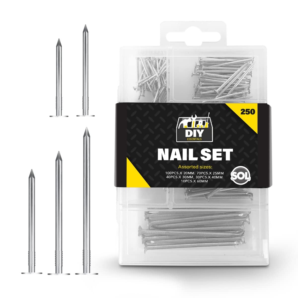 SOL 250pk Nail Set - 60mm, 40mm, 30mm, 25mm, 20mm - Versatile Iron ...