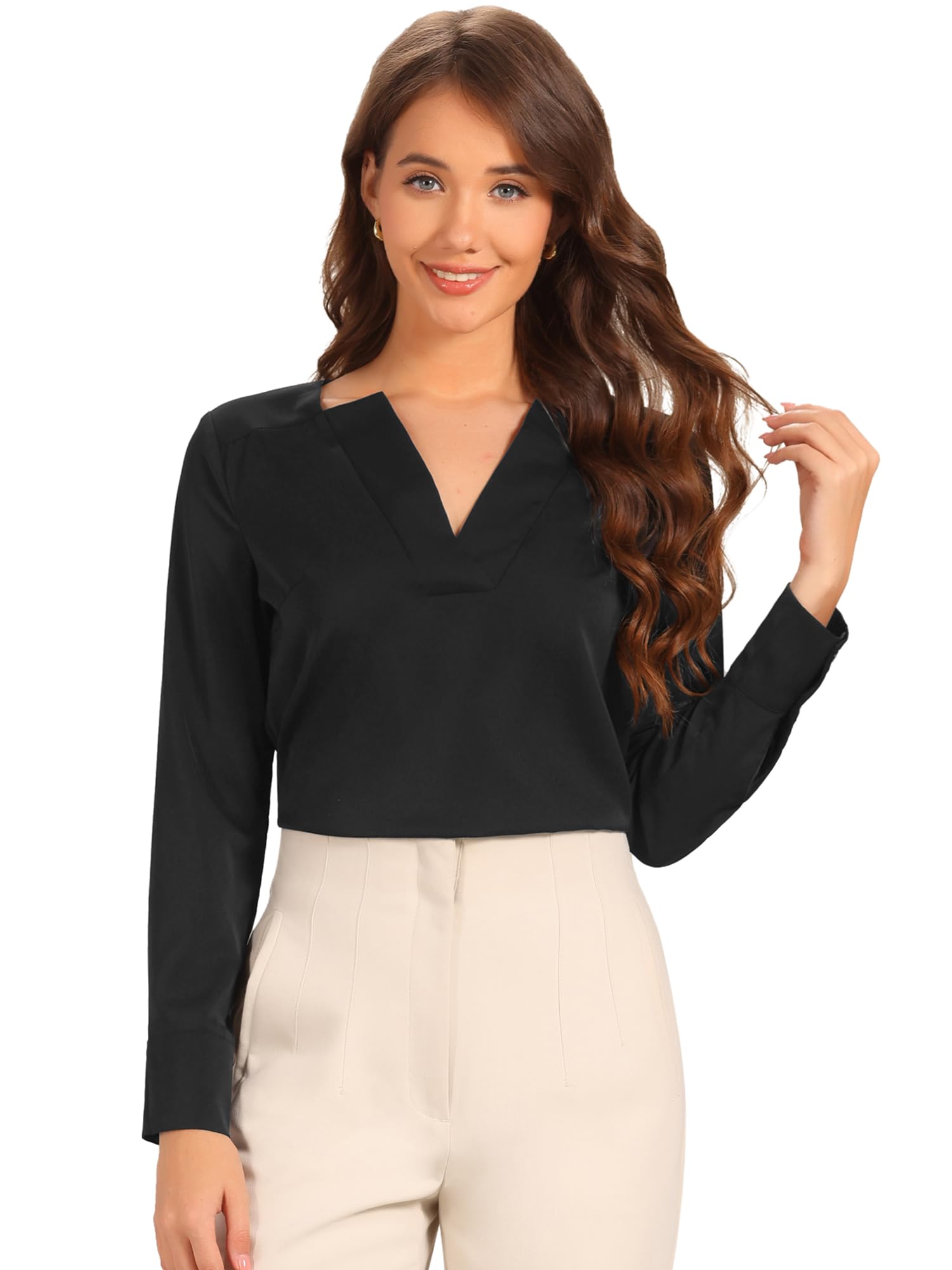 Allegra K Career Tops for Women's Office Solid Long Sleeve Top at ...