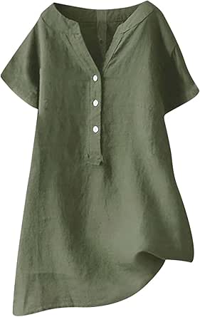 Generic Women Short Sleeve Cotton Linen Shirts Summer Casual V-Neck ...