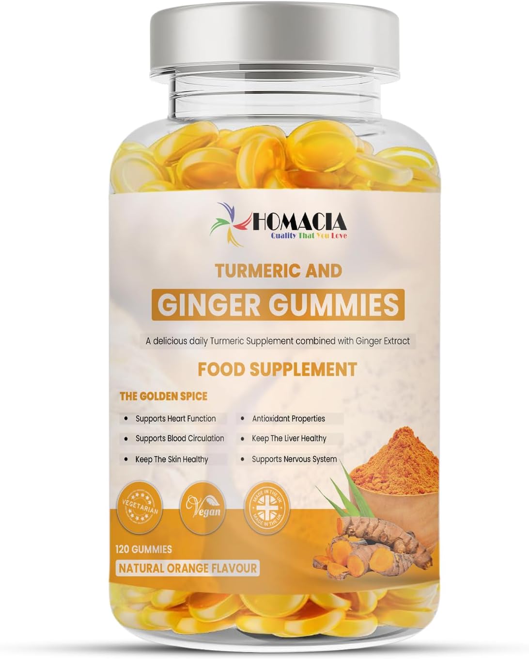 Homacia Turmeric and Ginger Gummies | Natural Orange Flavor | High ...