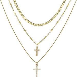 Amazon.com: Layered 3-Tier Cross Necklace for Women, 14K Gold Plated ...