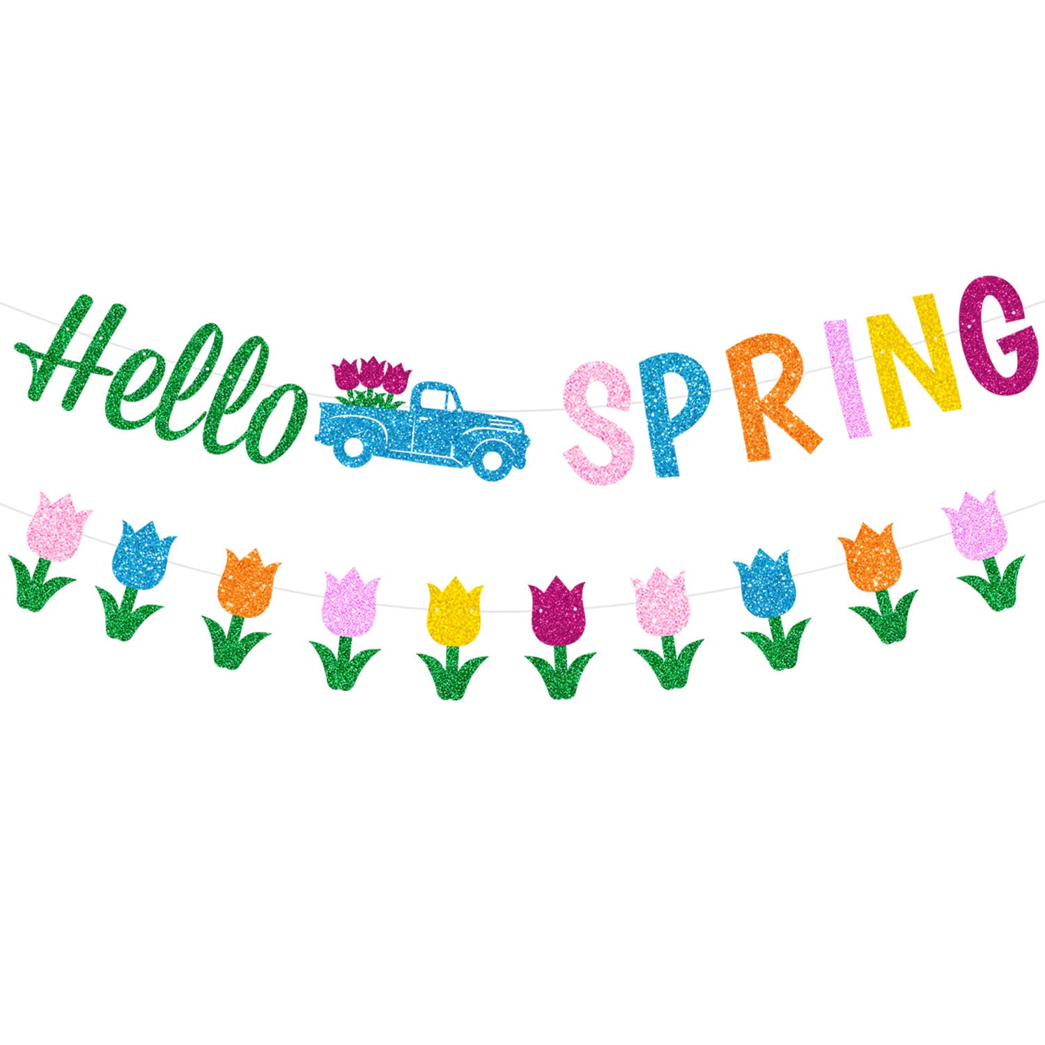 Amazon.com: JKQ Glitter Hello Spring Banner with Tulip Truck Signs and ...