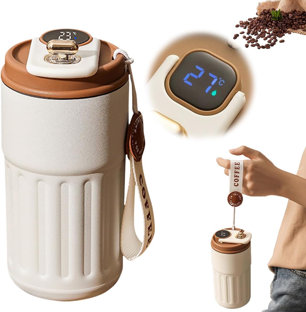 Coffee Thermos with Temperature Display, 450ml Temperature Display ...