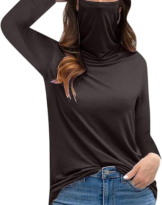 Womens Mask Attached Turtleneck Long Sleeve Soild Tops Sports T-Shirts ...