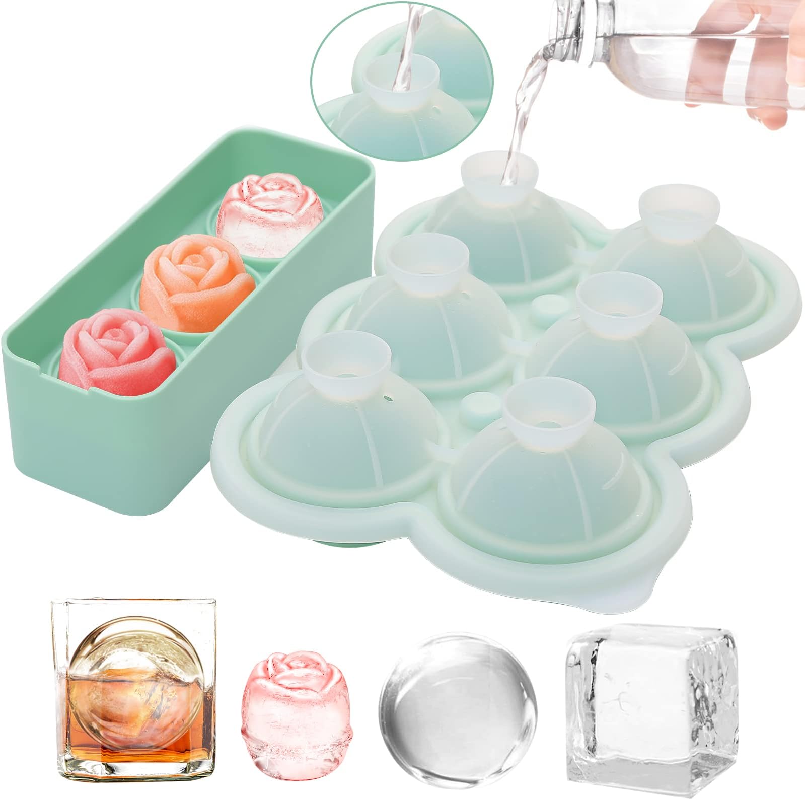 Amazon.com: Silicone Ice Cube Molds Tray Rose Ice Mold and Large Sphere ...
