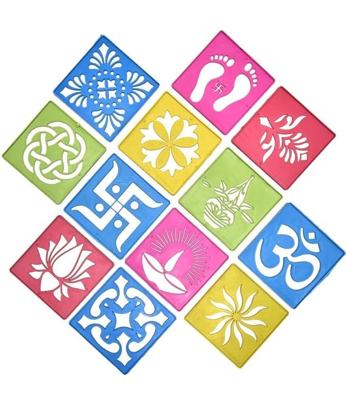 Rangoli Making Stencil Kit, 12 Traditional Designs with Om, Swastik ...