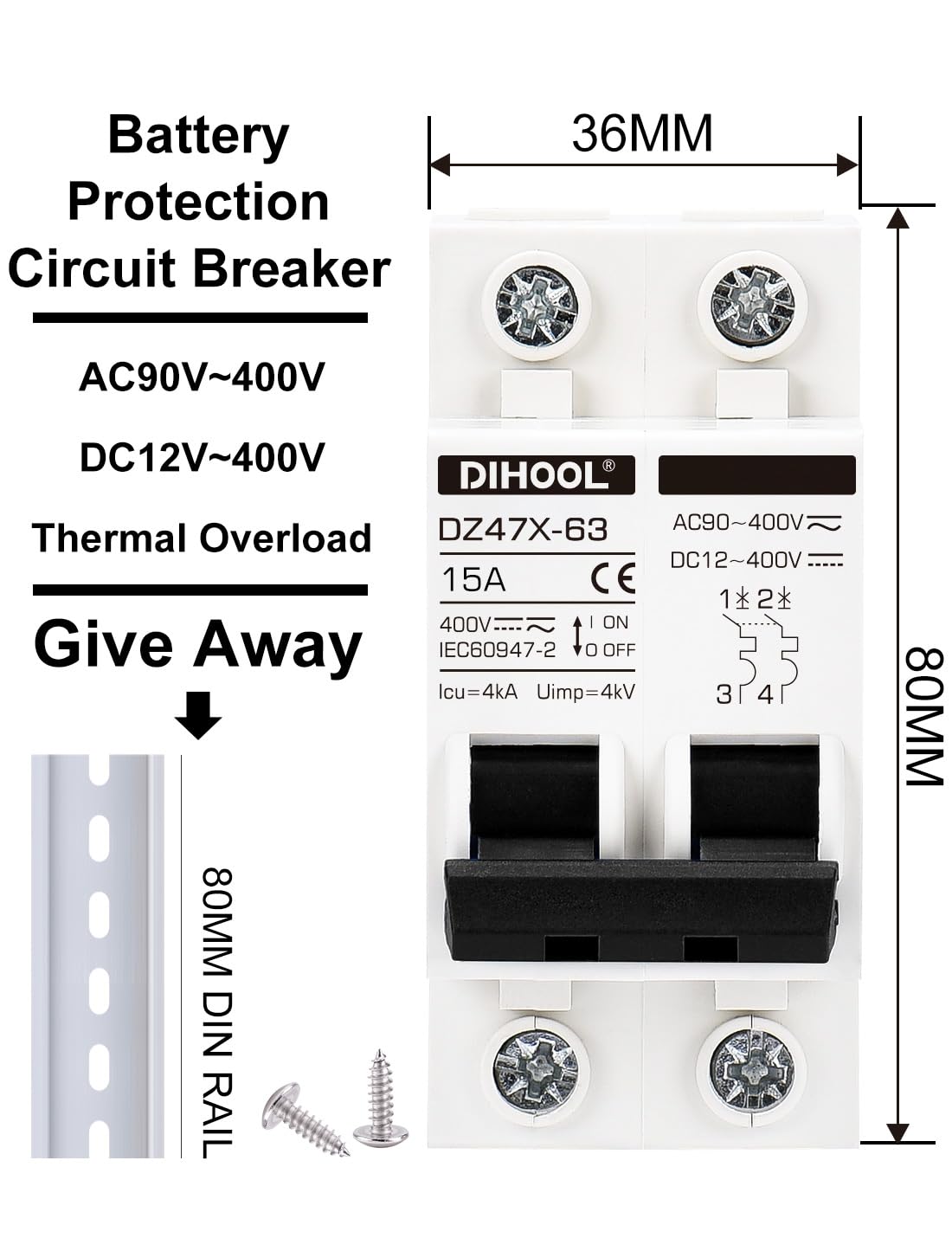 Snapklik.com : DIHOOL Miniature Circuit Breaker 15 Amp Dc Solar Disconnect Switch 12-400V