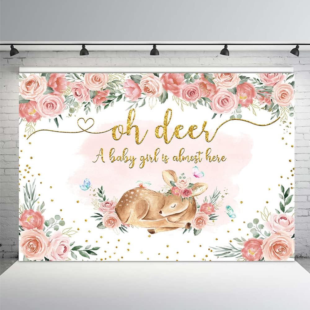 Amazon.com : MEHOFOND Oh Deer Baby Shower Backdrop Pink Floral Girls ...
