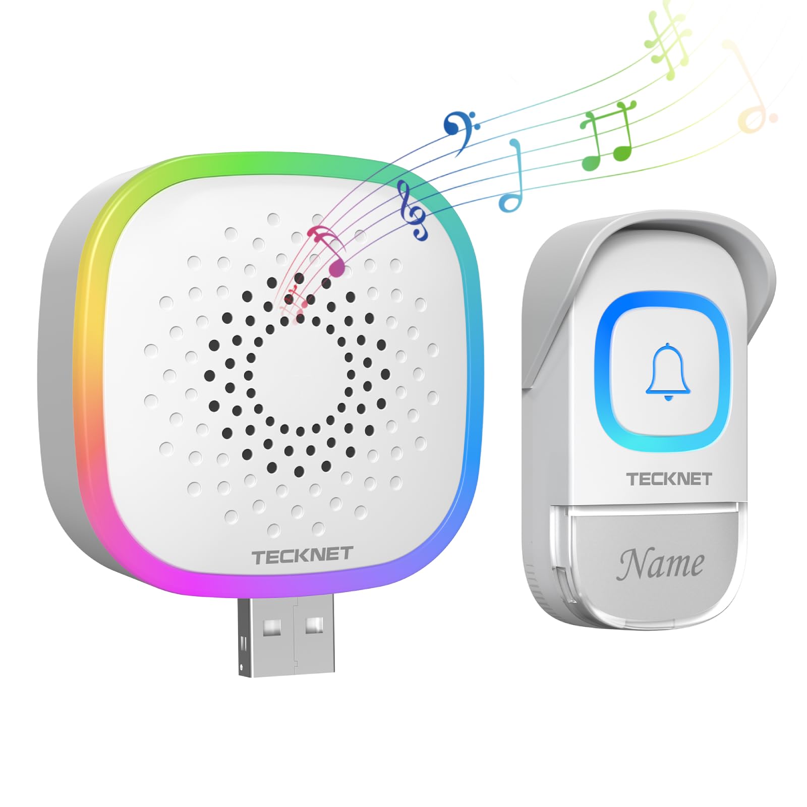TECKNET Mini Wireless Doorbell, Battery Operated Doorbell with RGB ...