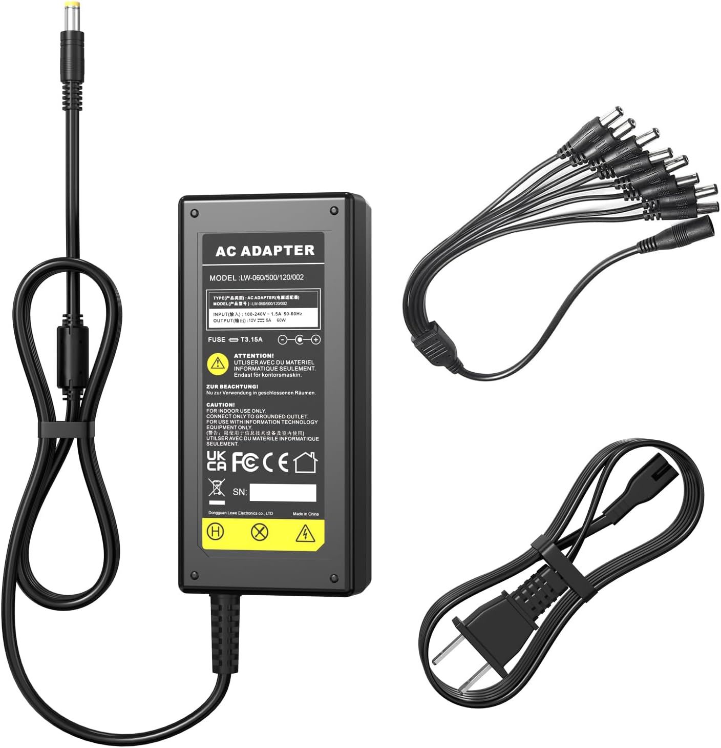 Amazon.com : DC 12V 5A Power Supply Adapter with 8 Splitter Power Cable ...