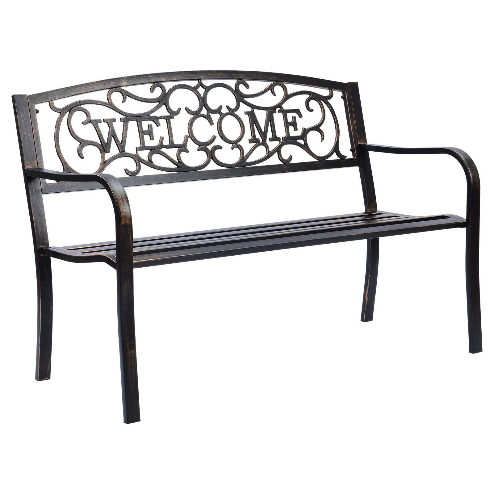 Sun-Ray Welcome Metal Park Patio Bench, Outdoor Bench in Bronze for ...