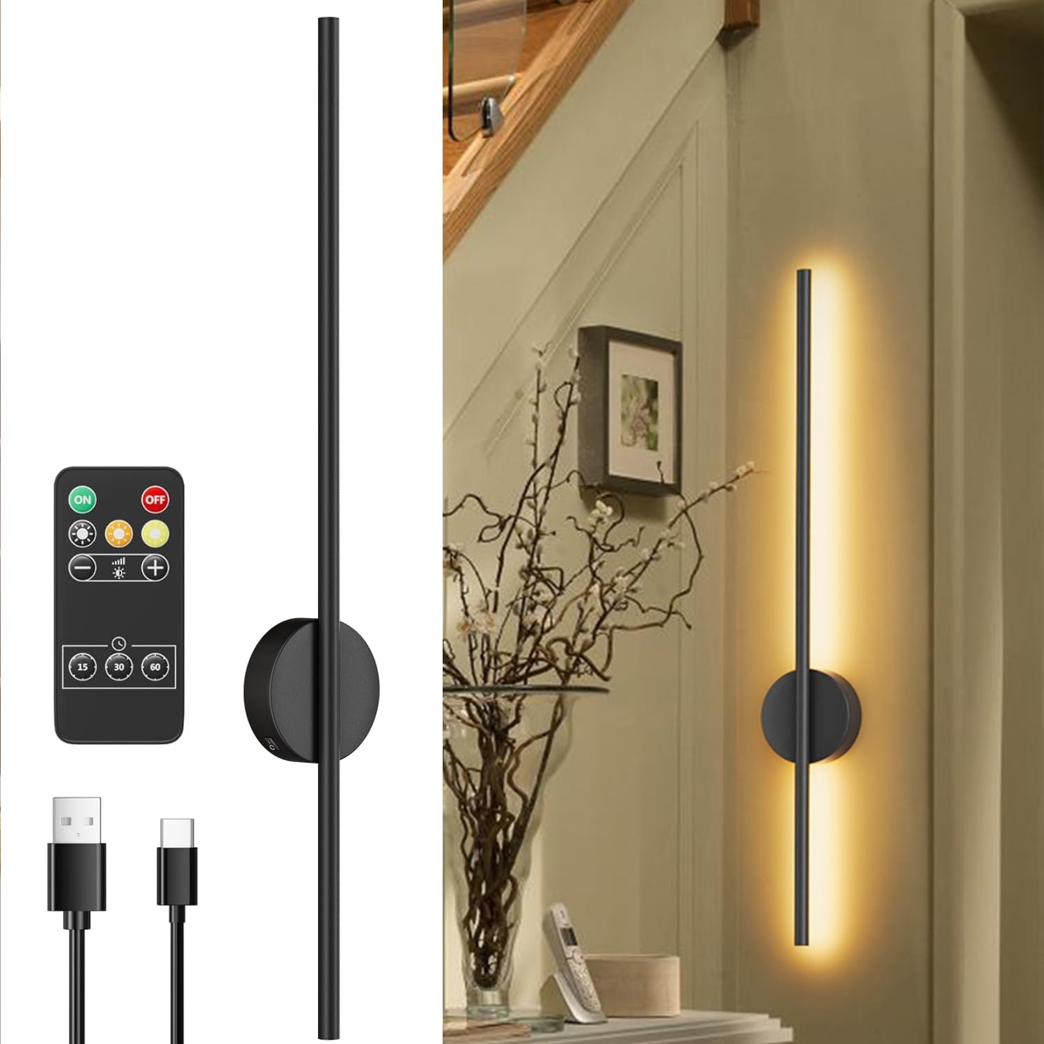 Tipace Black Battery Operated LED Wall Sconces Set of Two,39.4in ...