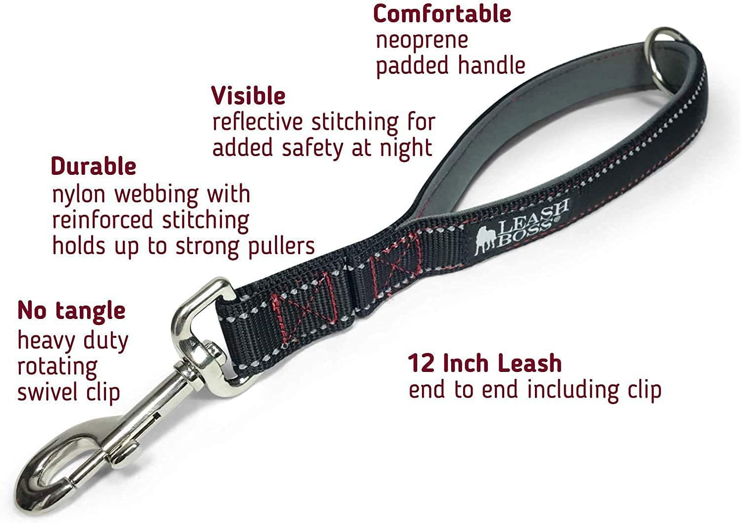 Leash Boss Short Leash with Padded Handle - Reflective Lead with O-Ring ...