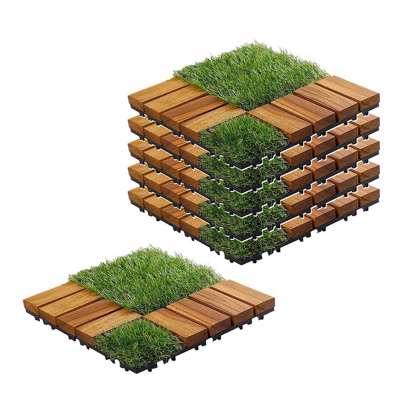 Sharpex Artificial Grass Wooden Deck Tiles with Interlocking | 6 Piece ...