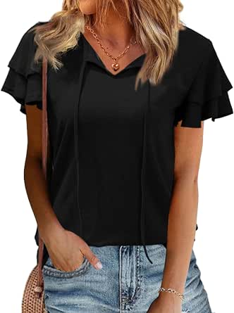 ZAAYO Summer Top with String V Neck Ruffle Short Sleeve Casual Shirts ...