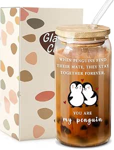 Amazon.com: Mikopei Penguin Glass Cups with Lids and Straws - When ...