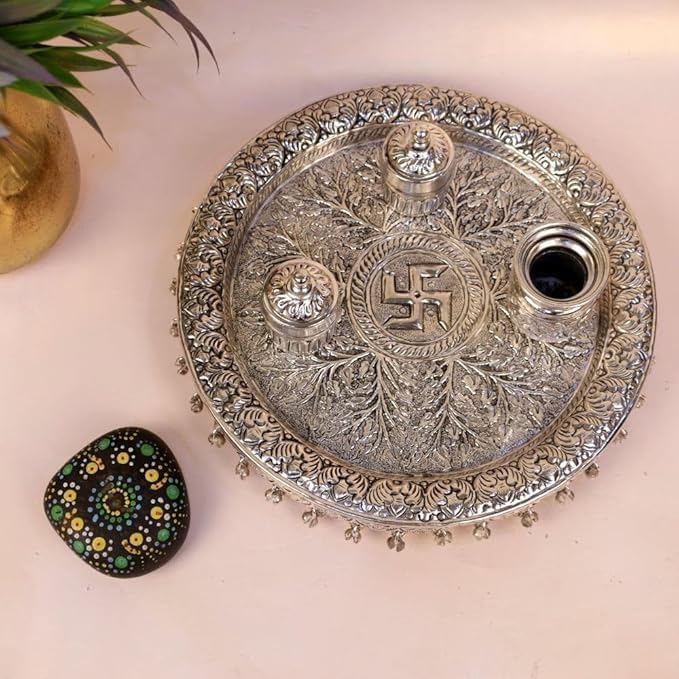 Traditional Silver Plated Pooja Thali Set, 23 cm, Decorative Worship ...