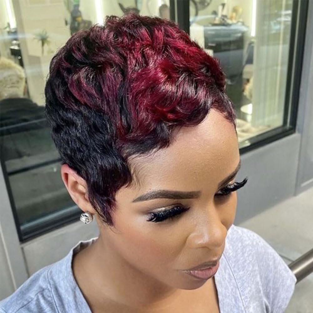 Amazon.com : MOONSHOW Pixie Wigs for Black Women Short Black Mixed Red Hair Wig Natural Pixie ...