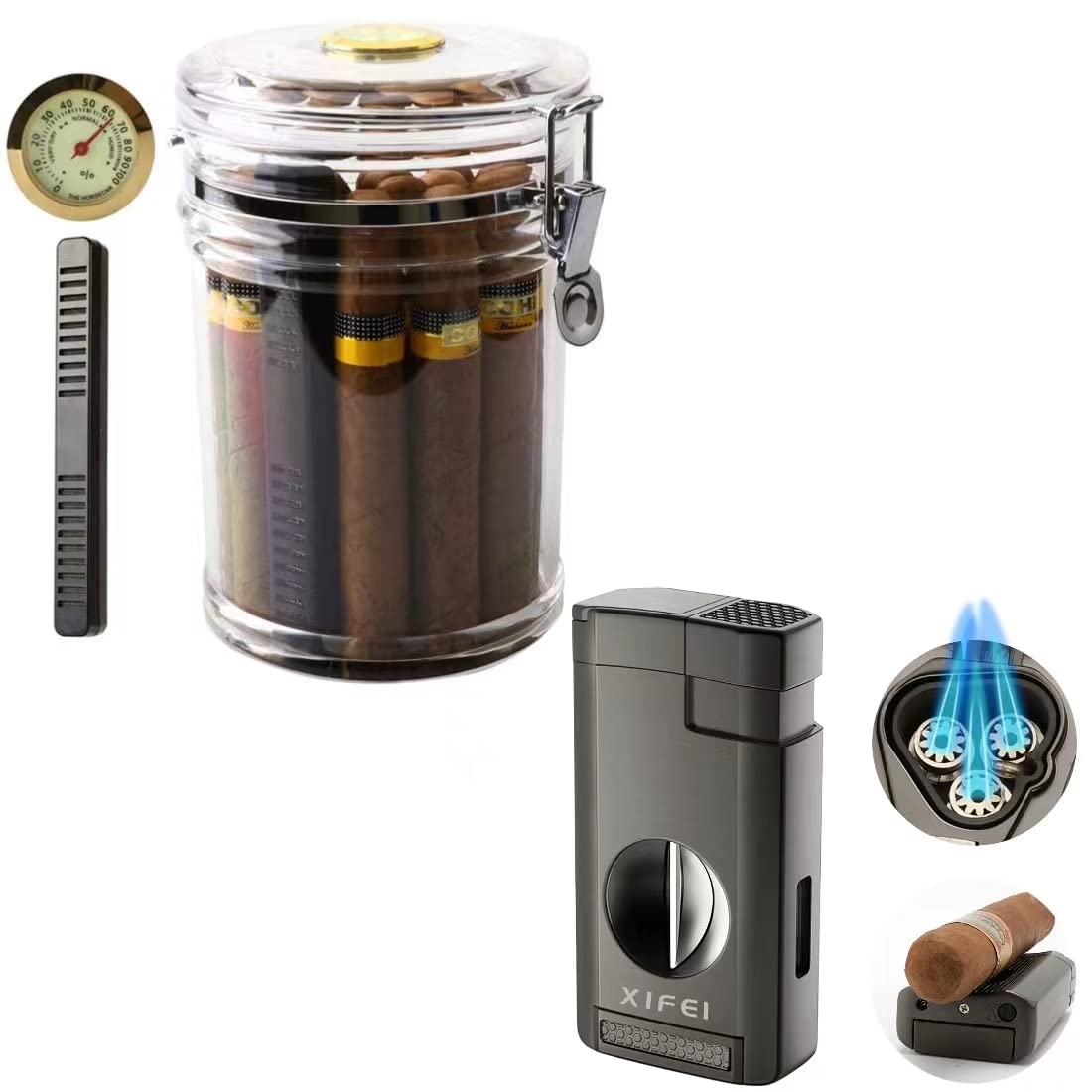 Amazon.com: XIFEI Acrylic Humidor Jar and Cigar Lighter Triple Jet ...