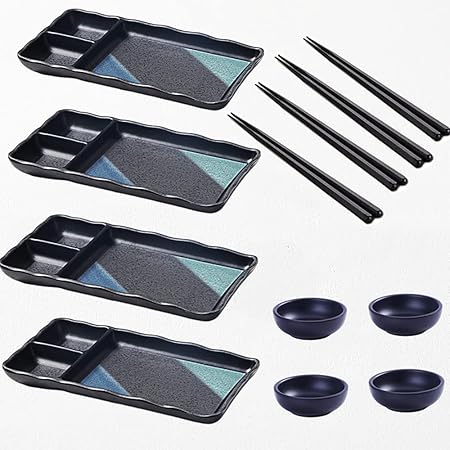 Amazon.com | 12 Piece Japanese Style Sushi Plate Set - Includes 4 sushi ...