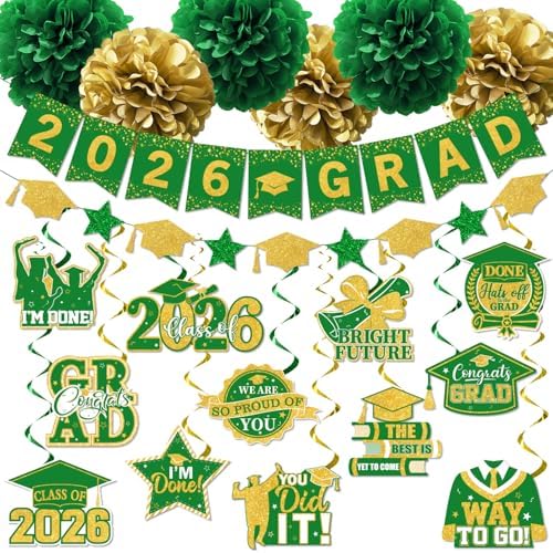 Amazon.com: Green and Gold Graduation Decorations, 2026 Grad Banner and ...