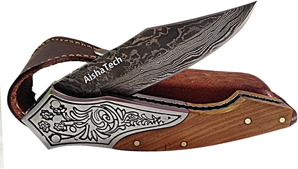 Amazon.com : AishaTech Timberwood Pocket Knife Damascus Steel Blade ...