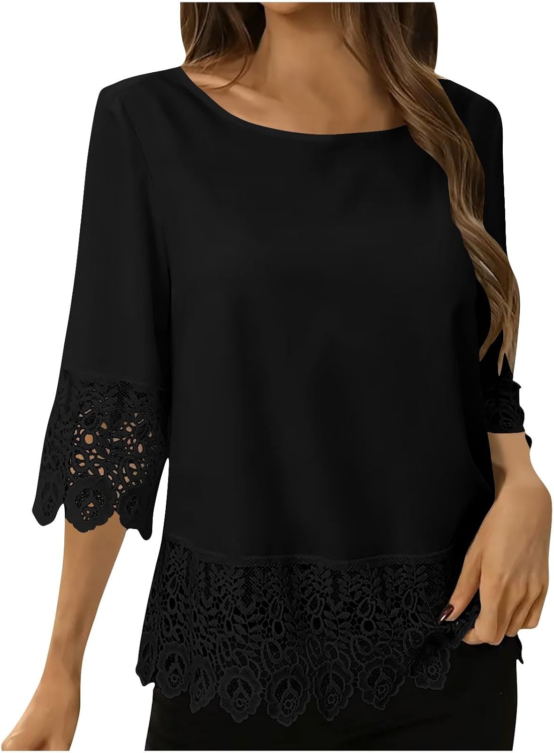 Women Lace Trim Tops 3/4 Sleeve O Neck A Line Tunic Blouse 2025 Spring ...