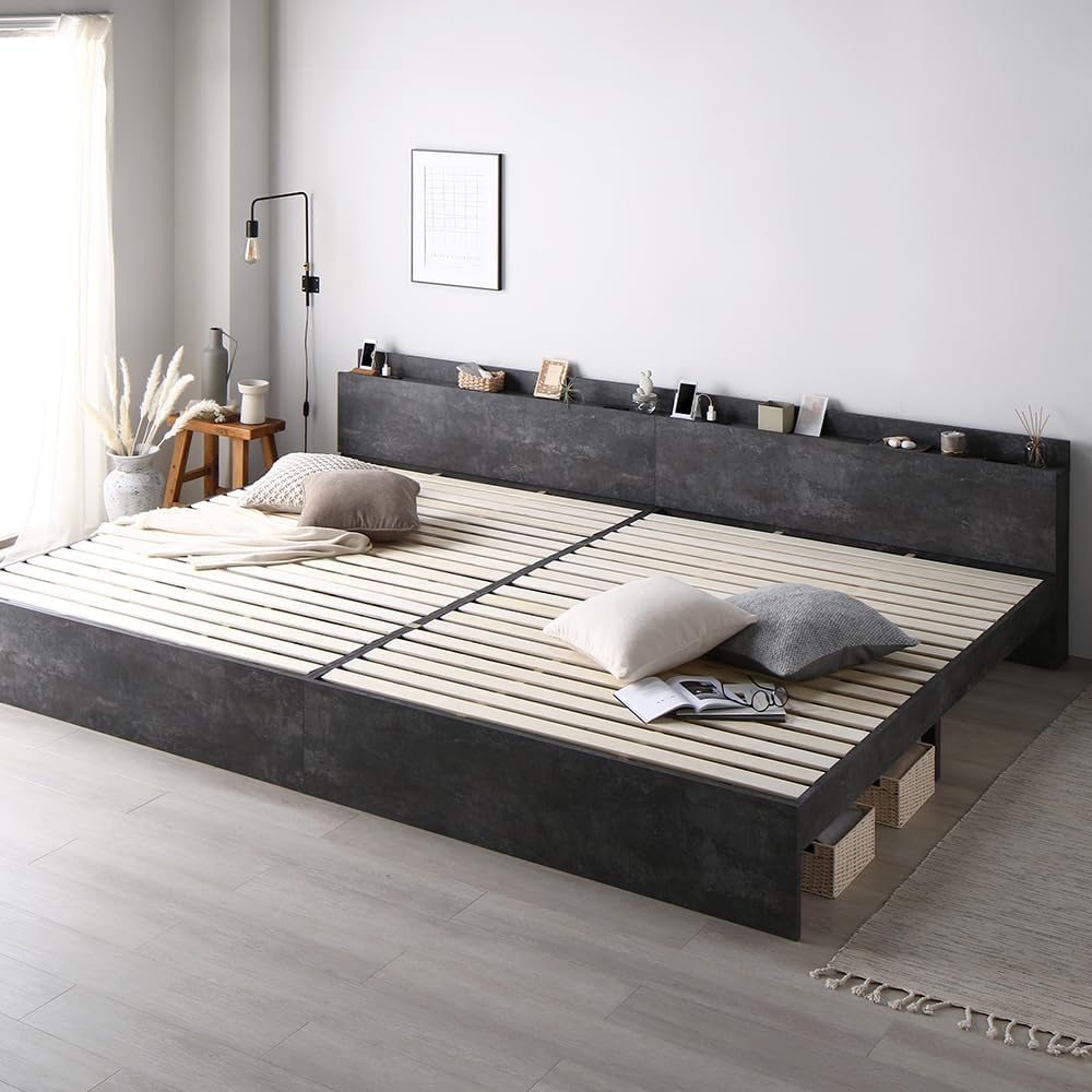 Amazon｜RASIK ベッド ワイドキング200(シングル+シングル) フレームのみ ストーングレー 棚 コンセント付き すのこ 高さ調整 お客様組立 Asteria アステリア｜ベッド ...