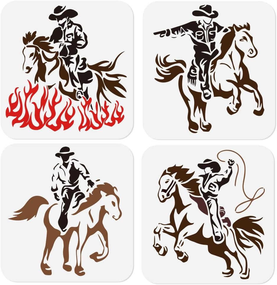 Amazon.com: 4 Pack Western Cowboy Riding Stencil Templates 11.8 x 11.8 ...