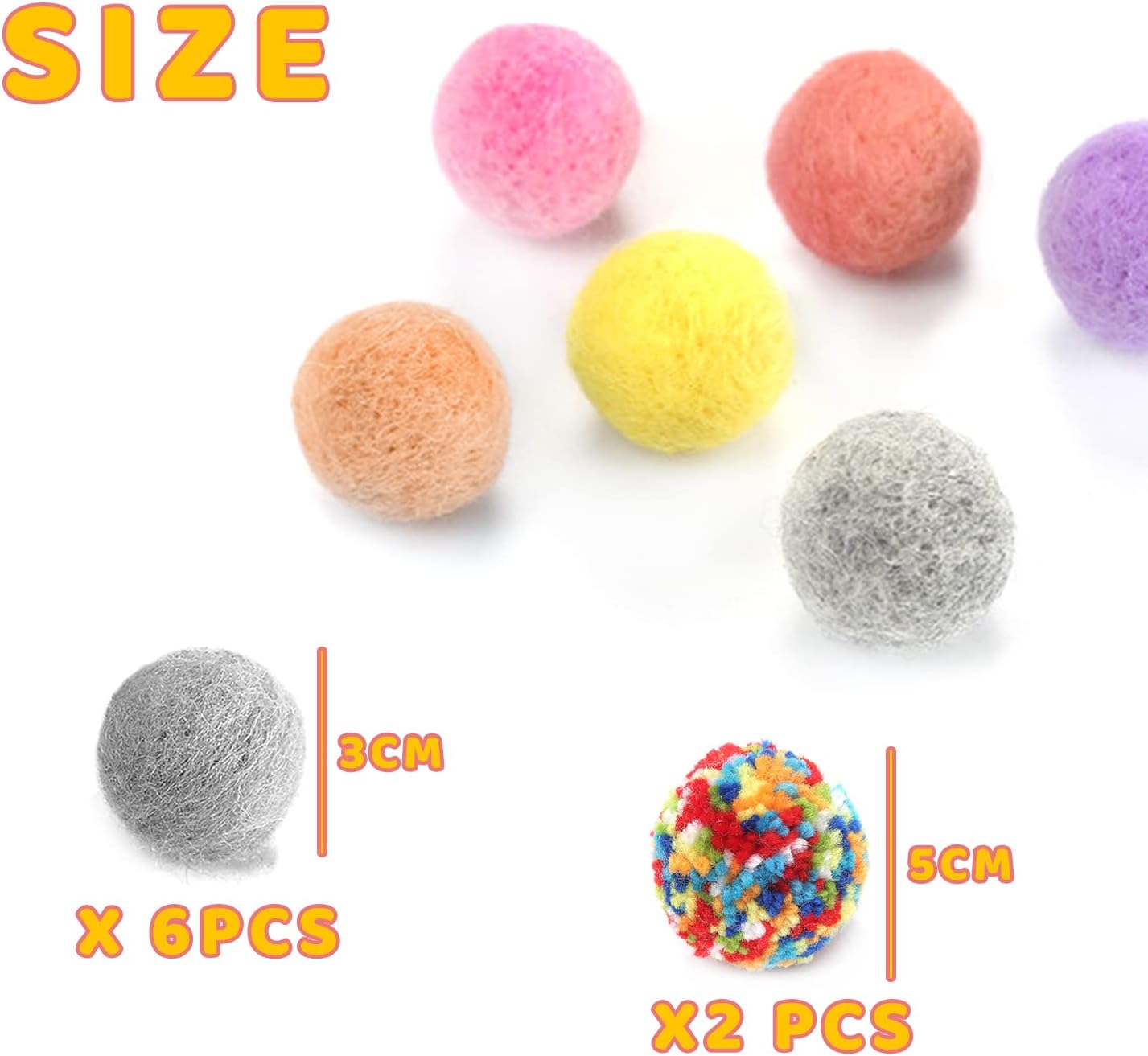 6 wool balls, with 2 plush balls, interactive cat toy balls, felt balls ...