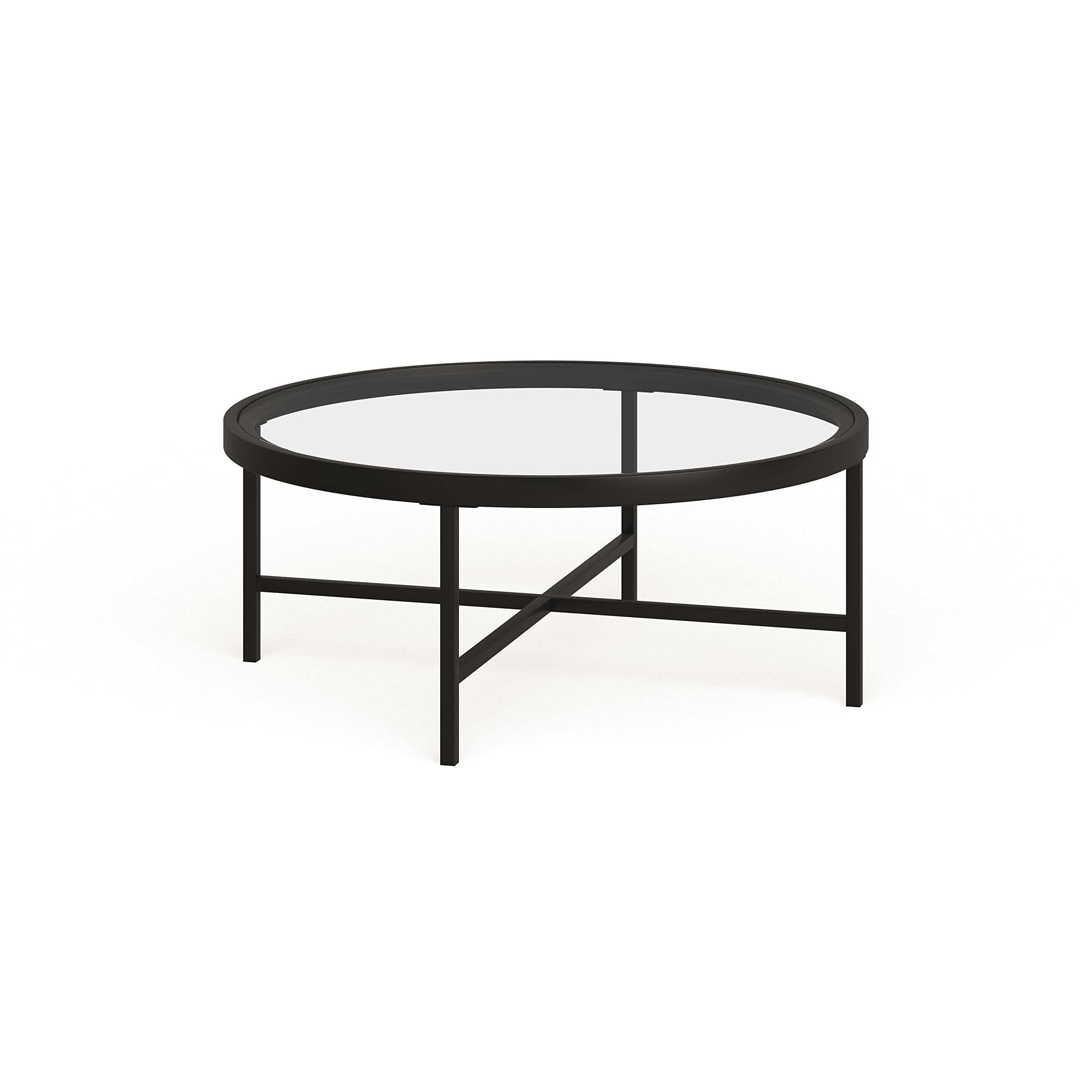 Henn&Hart 36" Wide Round Coffee Table with Glass Top in Blackened ...