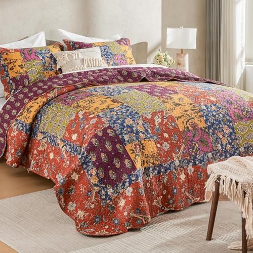 Amazon.com: DECMAY 100% Cotton Quilts King Size - 3 Pieces Patchwork ...