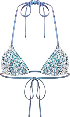 Amazon.com: dPois Women Sparkly Rhinestones Bikini Top Halter Shiny ...