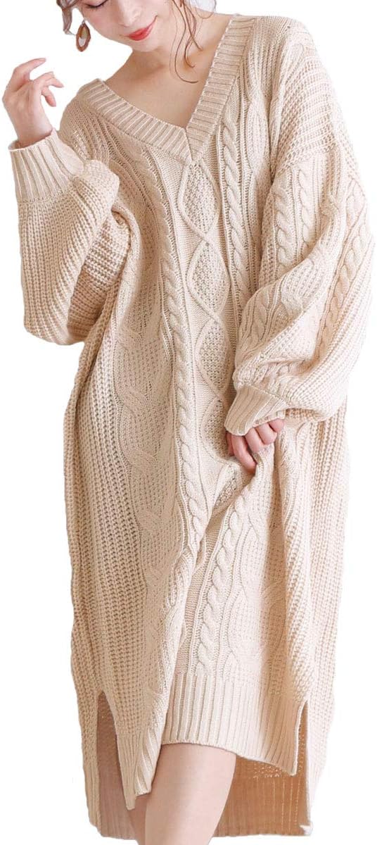 Amazon.co.jp: [ゴールドジャパン] 大きいサイズ レディース ワンピース ニット ケーブル編み ミディアム Vネック 長袖 ...