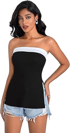 Women's Color Block Tube Top Strapless Split Sleeveless Tops at Amazon ...